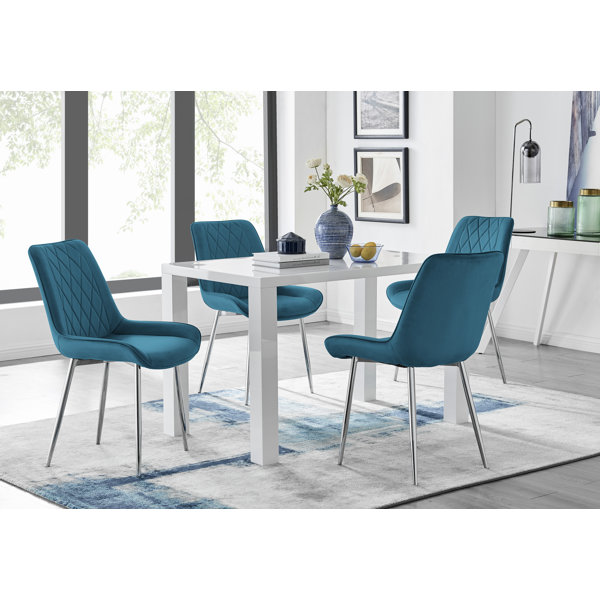 East Urban Home Eubanks High Gloss 4 Seat Rectangular Dining Table Set with Velvet Upholstered ...